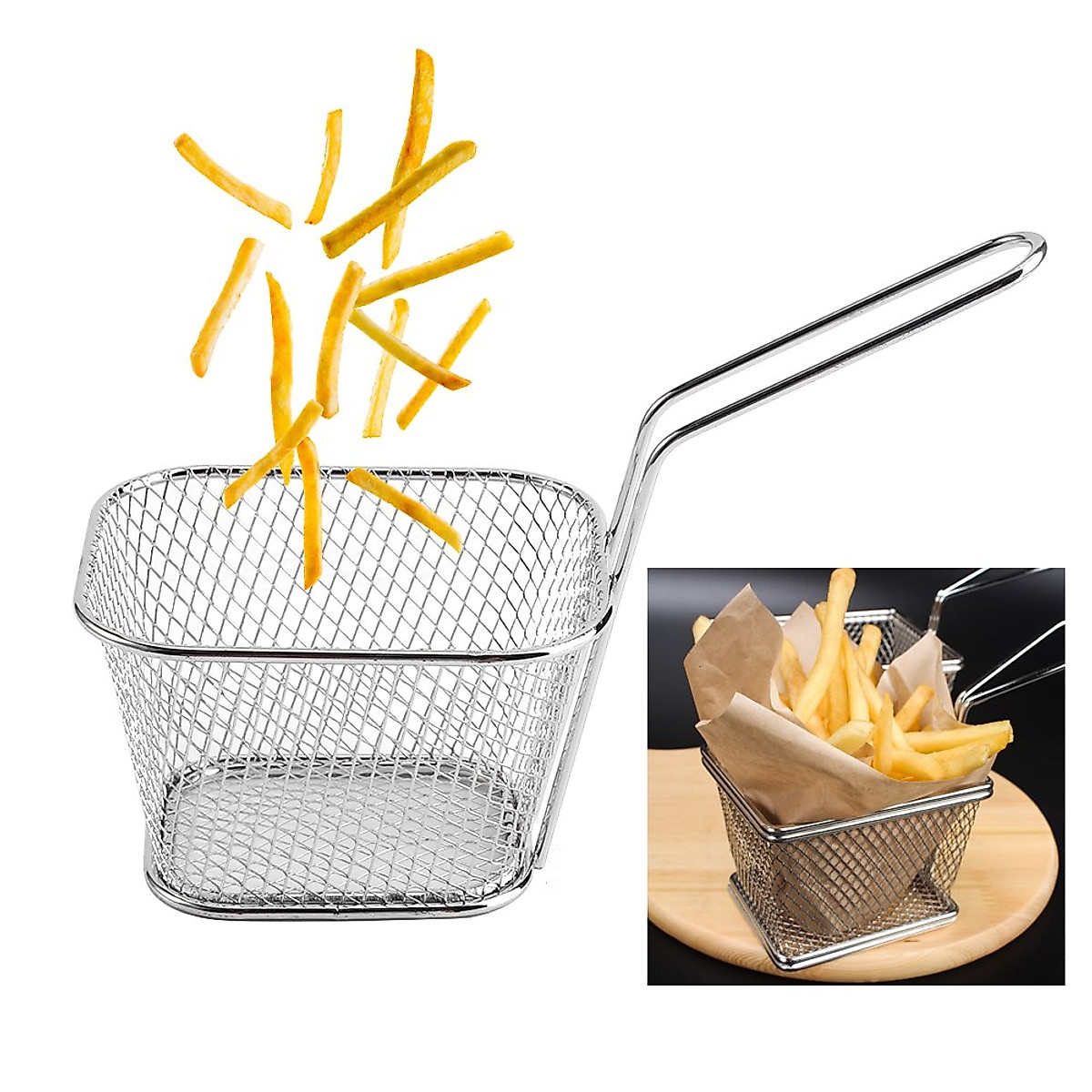 8Pcs Fry Basket, Mini Stainless Steel Chips Deep Fry Baskets with Handle French Fries Cooking Tool Food Presentation Strainer for Cooking, Boiling, or Deep Frying Foods (4.1 * 3.3 * 2.6inch)