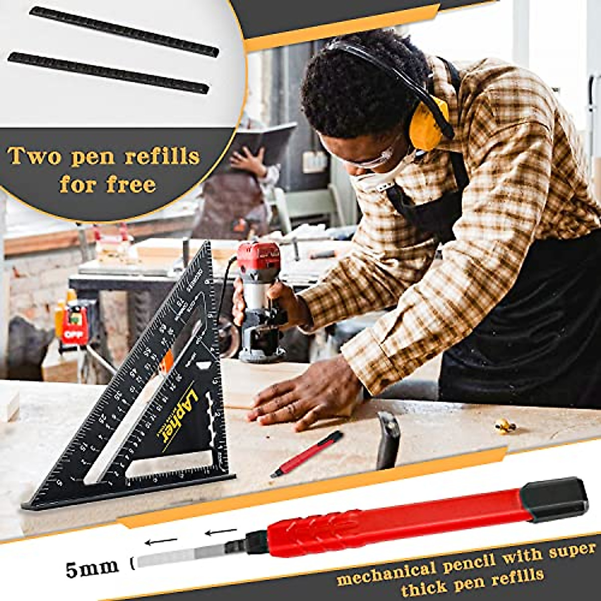 LApher 7" Imperial Units Anodic Aluminum Oxide(AAO) Triangle Rafter Square Angle Ruler Carpenter Protractor, Measuring Layout Tool with A Woodworking Pencil