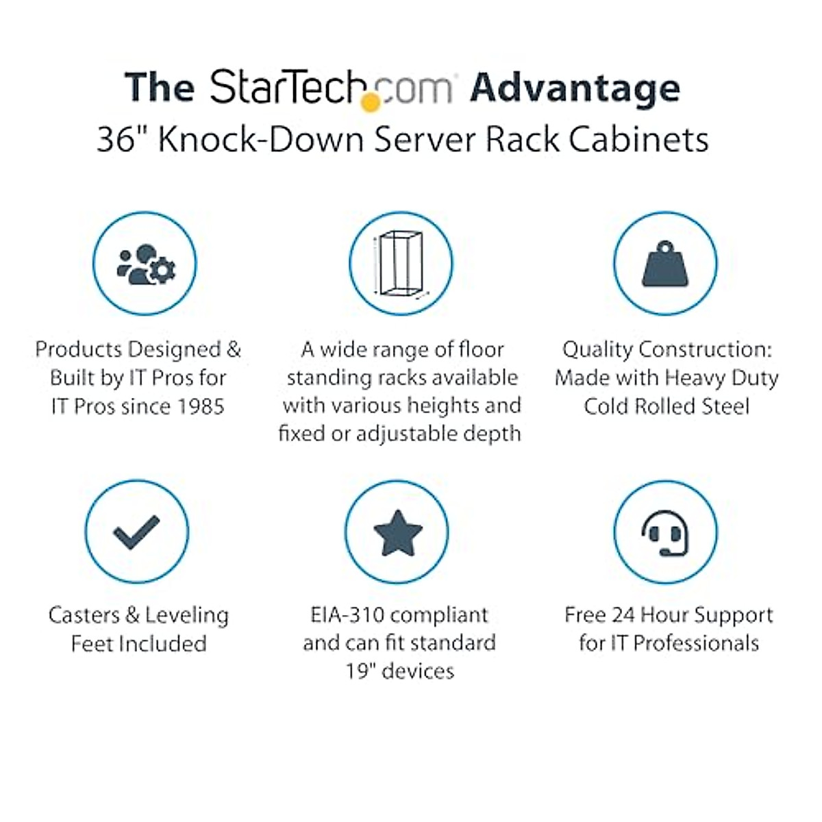 StarTech.com 22U Server Rack Cabinet with secure locking door - 4 Post Adjustable Depth (5.5" to 28.7") - 1768 lb capacity - 19 inch Portable Network Equipment Enclosure on wheels/casters (RK2236BKF)