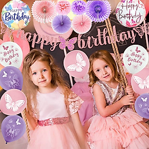 Butterfly Birthday Party Decorations Supplies, Pink & Purple Butterfly Birthday Decorations Include Paper Fans Foil Balloons Happy Birthday Banner Tattoos Wall Stickers Cake Toppers