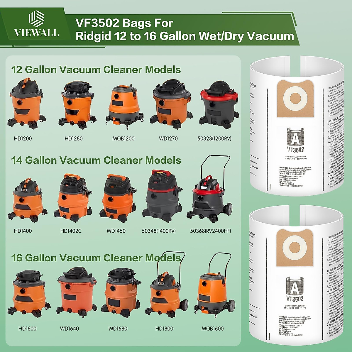 8 Pack VF3502 Vacuum Bags Compatible with Ridgid 12 to 16 Gallon Wet Dry Vacuums, High Efficiency Replacement Filter Bags for Model WD1950 WD1956 WD1850 WD1851 RV2400HF WD1450 WD1680 WD1270