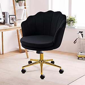 Furniliving Home Office Chair Velvet Desk Chair, Upholstered Modern 360°Swivel Chair with Shell-Shaped Back, Rolling Wheels for Office, Study, Vanity, Bedroom(Black)