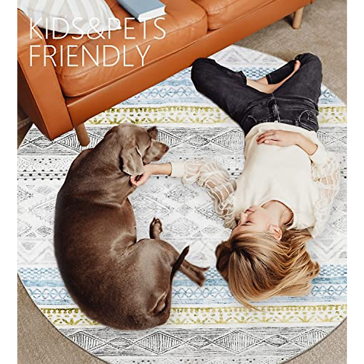 Yincimar Boho Geometric Round Area Rug 4.6ft Non-Slip Washable Circle Rug Accent Rug Soft Floor Area Mat Carpet for Living Room Sofa Bedroom Kids Room Nursery Decor,White