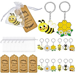 Cute Bee Keychain Party Goodie Bag Gifts Favor Kit with Cute Bee Keychains White Organza Bags and Thank You Kraft Tags for Kids Bee Day Theme Birthday Party Supplies (24 Pcs)