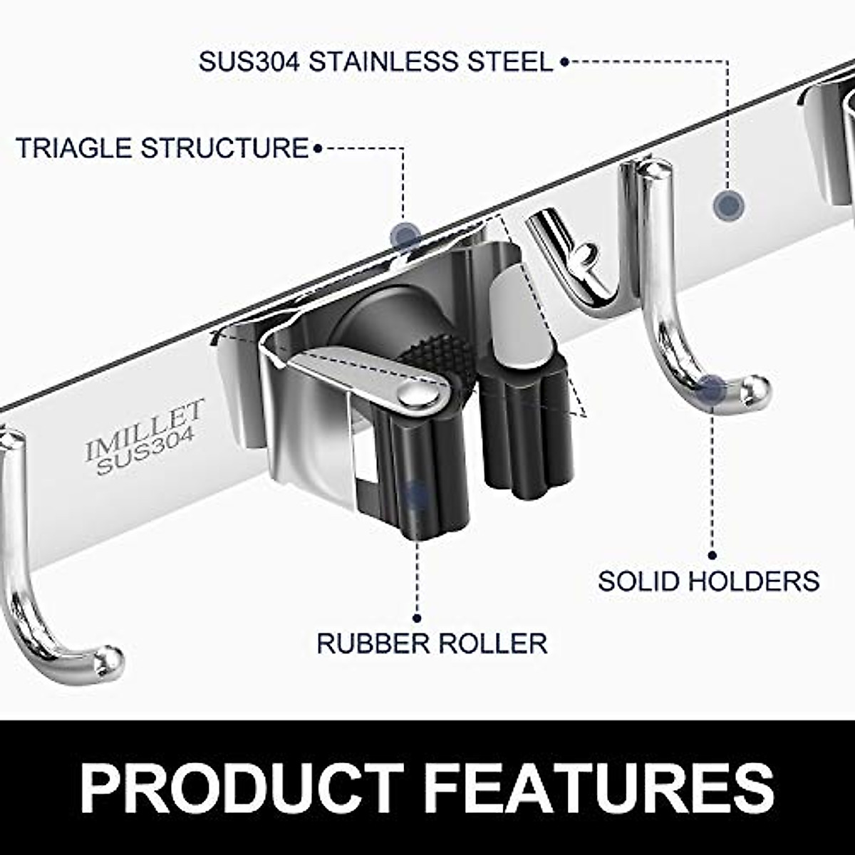 IMILLET Broom and Mop Holder Wall Mounted, Stainless Steel Broom Holder Mop Holder Self Adhesive Heavy Duty Hooks Storage Organizer for Home Laundry Room Garden Garage（3 Racks with 4 Hooks）