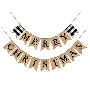 Adurself Merry Christmas Burlap Banner Buffalo Check Plaid Rustic Vintage Christmas Bunting Garland for Xmas Party Supplies Home and Outdoor Holiday D¨¦cor