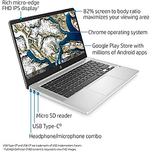 2020 HP 14" Premium FHD IPS Anti-Glare WLED-Backlit Chromebook, Intel Celeron N4000 up to 2.6GHz, 4GB DDR4, 64GB eMMC, WiFi, Media Reader, USB-C, Bluetooth, Webcam, Chrome OS, Aloha Bundle (4GB 64GB)