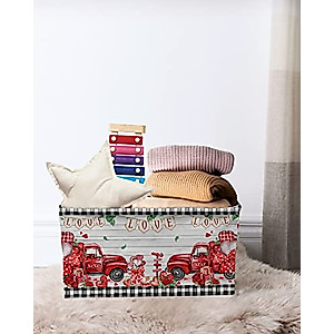 Valentine Large Storage Baskets Bins Waterproof Fabric, Saint Truck Red Rose Boho Farmhouse Plaid Rectangular Storage Box for Shelf Closet Organizer ( 2 Pack)