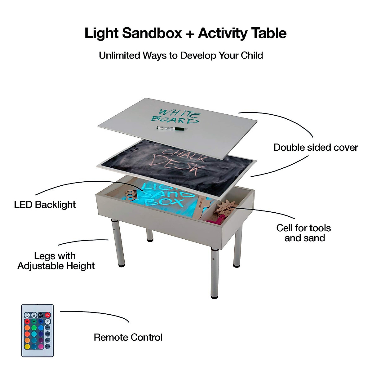 Light Sandbox All-in-1: Activity Table + Sensory Table + Light Table + Sand Box + whiteboard + Chalk Desk. Includes: Cover, Color Controller, Sand and Trowel, Legs with Adjustable Height