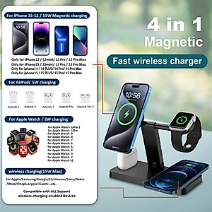 Magnetic Charging Station,PDKUAI for MagSafe 4 in 1 Fast Wireless Charger Stand for iPhone 15,14,13,12 Pro/Max/Mini/Plus, Apple Watch 9/8/7/6/SE/5/4/Ultra and Airpods Pro/3/2/1 with Adapter-Black