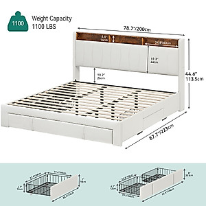 DWVO LED Bed Frame King Size, Storage Bed Frame with 4 Drawers & LED Light, Upholstered Platform Bed with Storage Bookcase Headboard and Charging Station, No Box Spring Needed, Easy Assembly, Beige