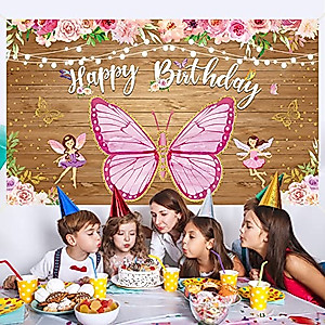 Butterfly Birthday Banner Backdrop Decorations for Girls Women, Fairy Themed Happy Birthday Backdrop Sign Party Supplies, 10th 16th 21st 30th 40th 50th Pink Flower Bday Background Decor