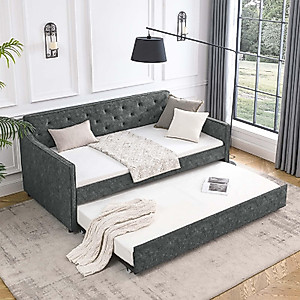 Antetek Daybed with Trundle, Fabric Upholstered Twin Size Day Bed Pull-Point Sofa Daybed Frame w/Twin Roll-Out Trundle, No Box Spring Needed, Furniture for Bedroom, Living Room, Guest Room, Grey