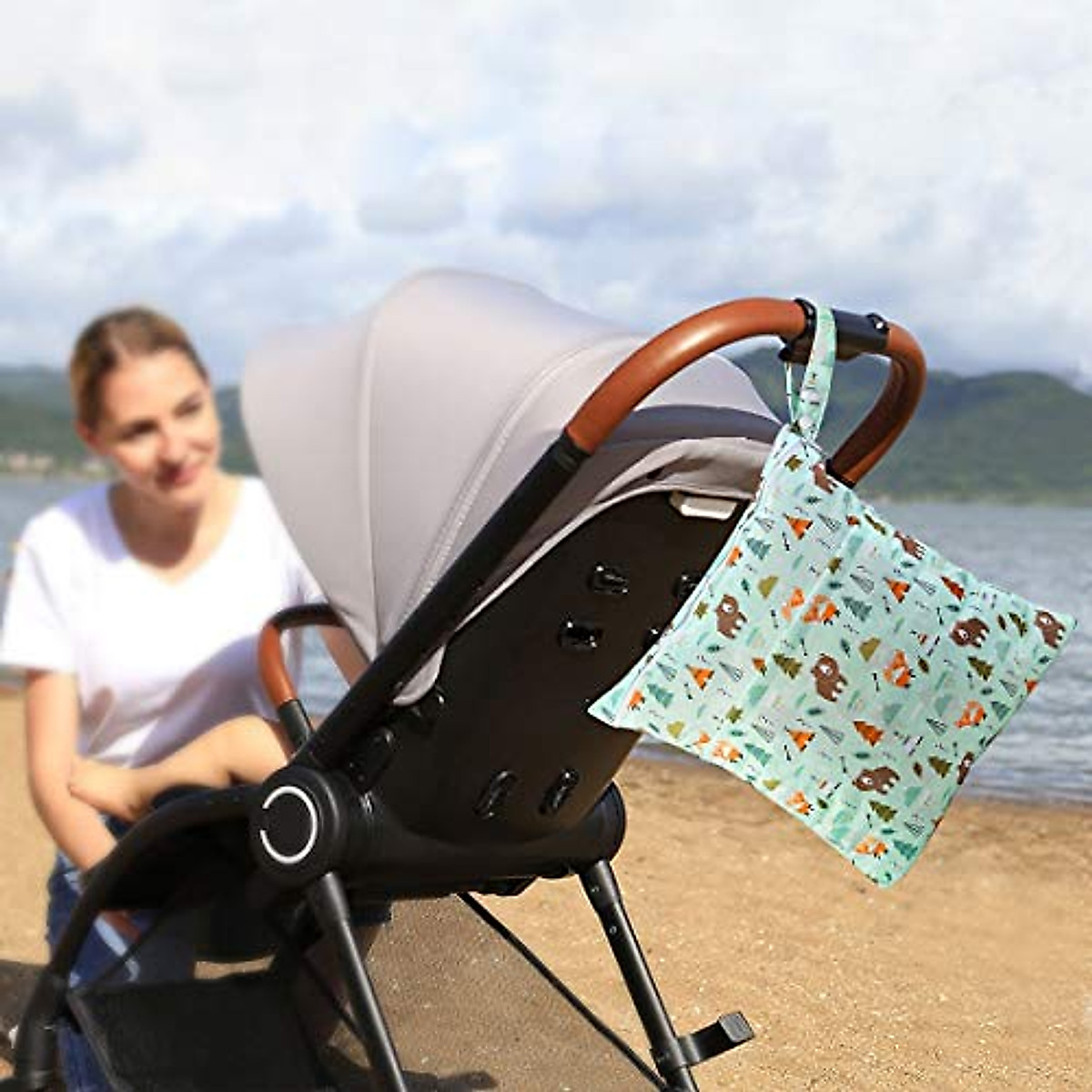 CeeKii Wet Dry Cloth Diaper Bags 3 Pack Washable Travel Bags, Waterproof Wet Bag, Baby Reusable Beach Pool Gym Bag for Swimsuits and Wet Clothes with Zippered Pocket and Snap Handle (Green)