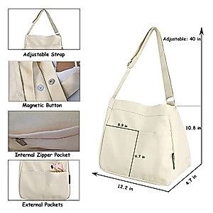 Tote Bags for Women & Canvas Shoulder Bag, Crossbody Bag with Magnetic Button & Zipper, Hand Bags & Large Tote Bag Aesthetic, White