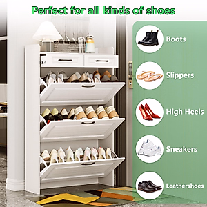 BFFGFFII Shoe Cabinet, Entryway Cabinet Wooden Shoe Rack with 3 Flip Drawers and 2 Drawers, 3-Tier Adjustable Shelves Shoe Cabinet Organizer Freestanding for Entryway Hallway, Living Room(White)