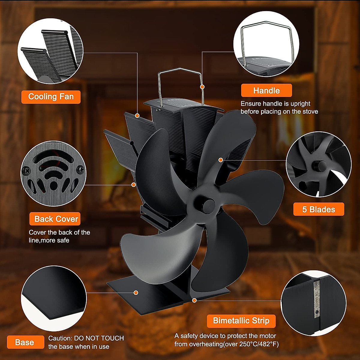 BINE Wood Stove Fan Heat Powered, 5 Blades Non Electric Fireplace Fans, Circulating Warm Air Saving Fuel Efficiently, Silent Fireplace Fans with Thermometer, for Log Burner/Wood/Pellet Stove