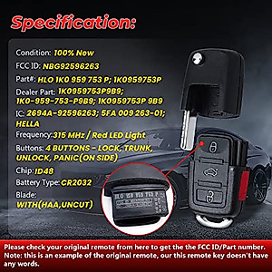Aichiyu Flip Remote Key Fob HLO 1K0 959 753 P for Volkswagen CC Eos Golf Jetta GTI Rabbit R32 Tiguan 2006 2007 2008 2009 2010 2011 4 Buttons 315Mhz ID48 Chip FCC ID: NBG92596263