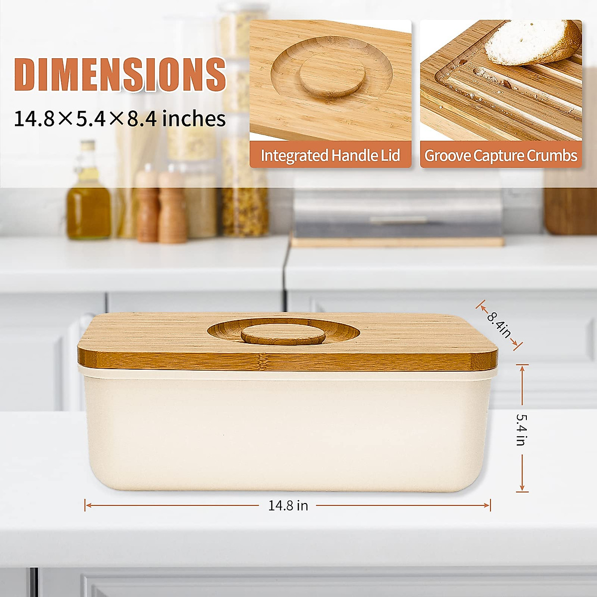 Triiter Bread Box With Bamboo Wood Cutting Board Lid & Bread Slicer Holder, Rectangular Cream Color Bread Container For Kitchen Countertop, 14.8 x 8.4 x 5.3in, Bread Storage Container