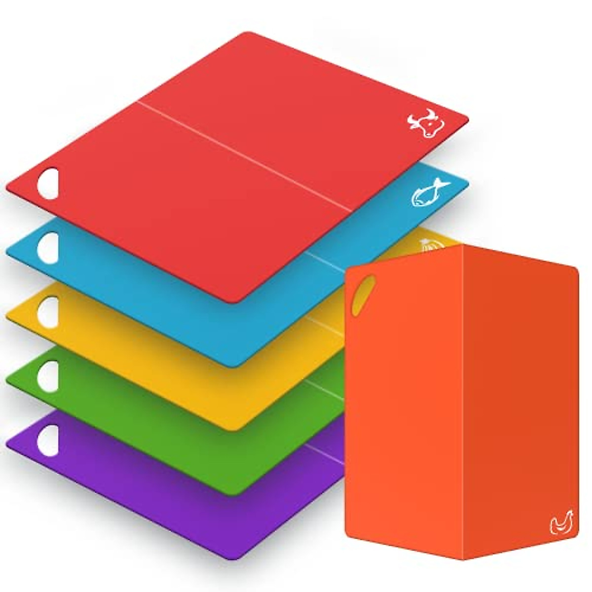 Kitchen Cutting Board Set Plastic - Extra Thick Foldable Flexible Cutting Mat for Cooking, Non-Slip Chopping Board for Camping with Colored Food Icons & Easy-Grip Handles, Dishwasher Safe, Set of 6