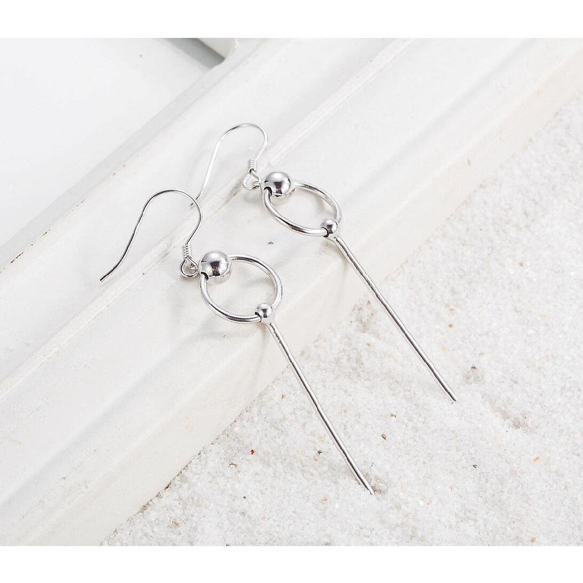 925 Sterling Silver Bead with Long Line Bar Dangle Earrings