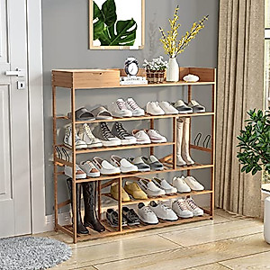 Bonzy Home Shoe Rack Storage Organizer for Entryway, 6-Tier Bamboo Solid Wood Shoe Shelf with Storage Shelf and Removable Hooks, Free Standing Storage Box Shoe Cabinet for Closet, Natural