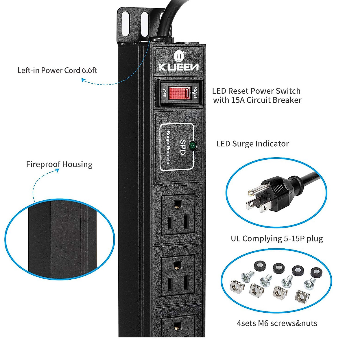 KUEEN 19" 1U Rack Mount PDU Power Strips,Server Rack Power Distribution Unit, 8 Power outlets,16AWG SJT 6.6ft Cord,1U/15A/125V, Aluminum Alloy with Surge Protector and Circuit Breaker on/Off Switch
