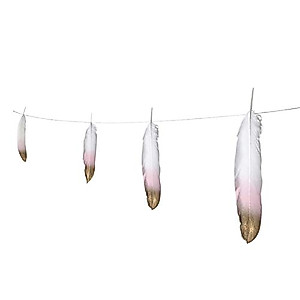 Feather Garland Decorations 10 Foot on a String Banner, Blush Pink and Gold Dipped Glitter Tipped White, Tribal Nursery, Girls Dorm Room, Boho Chic