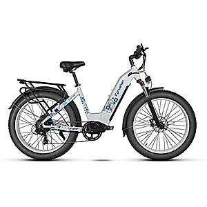 Cyrusher Kuattro Step-Through Ebike 750W BAFANG Motor 52V 17Ah Battery 26" x 4.0" Fat Tire Electric Bike for Adults Shimano 7-Speed Front Fork Suspension 3.7'' LCD Display (Kuattro 17Ah White)