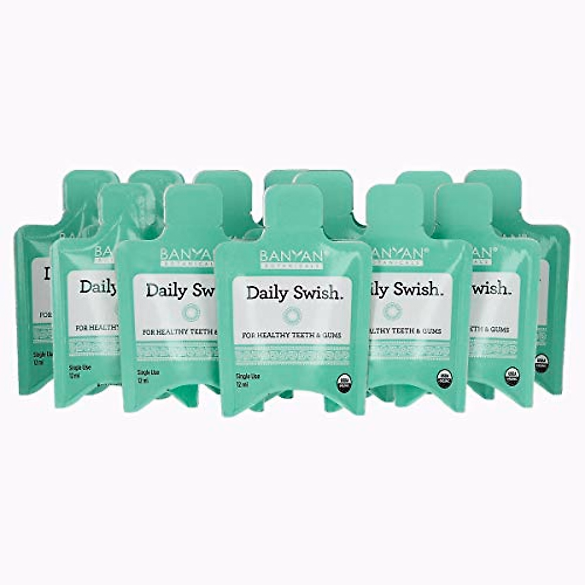 Banyan Botanicals Organic Daily Swish Mint Travel Packets - 12 ct - Ayurvedic Oil Pulling Mouthwash Oil for Oral Health - Coconut Oil Blend for Teeth and Gums