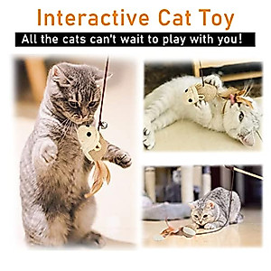 ROZZWILD Cat Teaser 3 PCS Interactive Cat Toys Set Mouse Hamster Balloon 16 inch (40 cm) Sturdy Natural Wood Rod Organic Hemp Cord Feather Elastic Rope Small Bell Catnip Lollipop