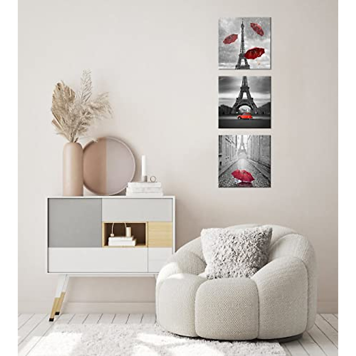 NAN Wind 3 Pcs Paris Canvas Prints Black and White Canvas with Red Umbrella Eiffel Tower Decor Red Car Red Wall Art Paintings on Canvas Stretched and Framed Ready to Hang for Home Decor
