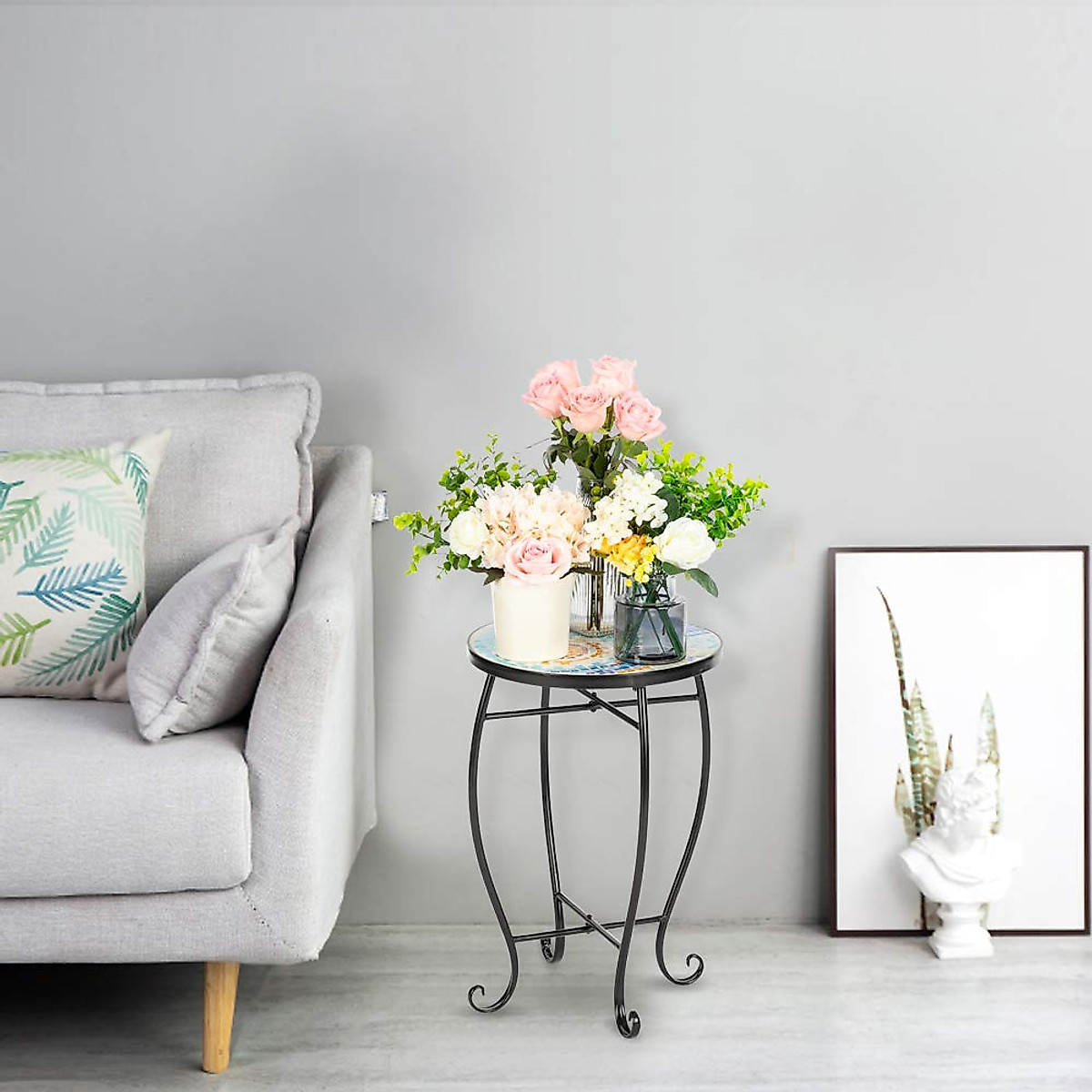 OOTDxvv Outdoor Side Table, 14inch Mosaic Patio Table Accent Table Plant Stand Small End Table with Coloured Glass for Porch Beach Patio Garden Balcony Poolside (D)