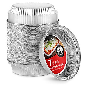 Stock Your Home 7 Inch Round Aluminum Pans with Lids (50 Pack) Disposable Foil Pan with Clear Dome Top, To Go Pie Tins, Containers for Baking or Take out Food