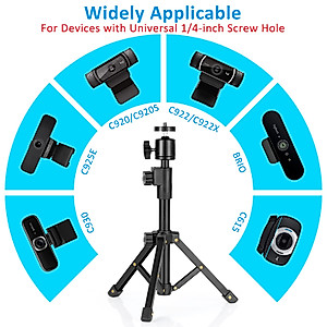 BILIONE Webcam Tripod Stand, for Logitech Webcam C920 C922 C930e C920S C920 C615 C960 C920x BRIO 4K NexiGo N60, Extendable Stand for Desk, Lightweight Mini Webcam Tripod with 1/4" Thread