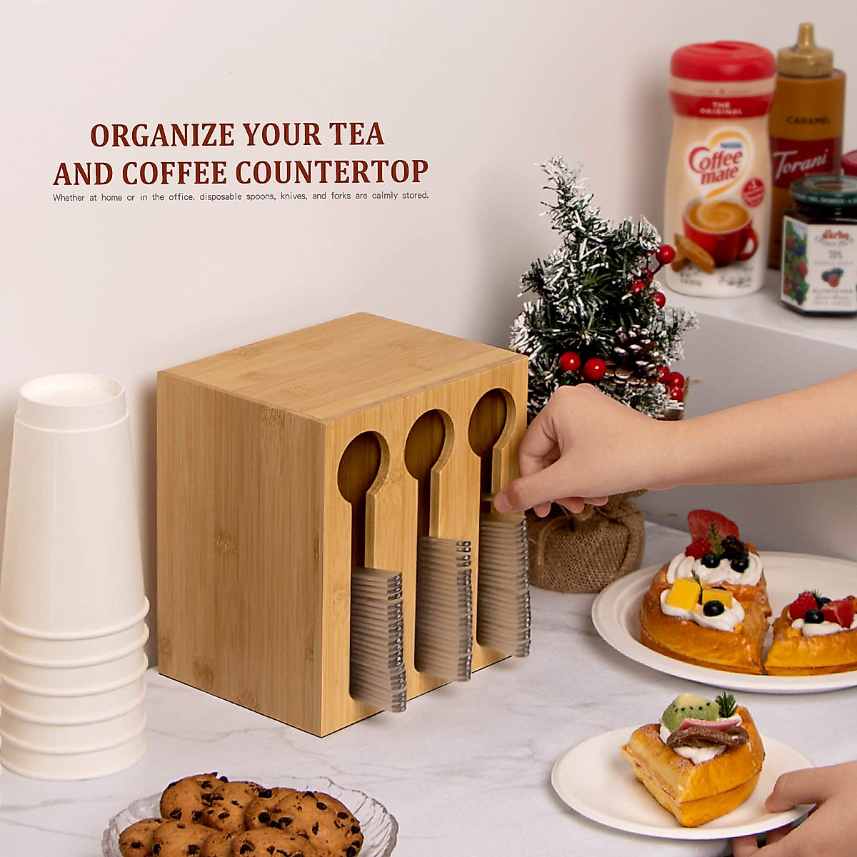 ANBOXIT Bamboo Utensil Dispenser for Spoons and Forks, Plastic Utensil Holder Station with 3 Compartments, Plastic Utensil Organizer, Cutlery Dispenser for Party, Wedding, Church and Breakroom