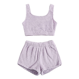 SweatyRocks Women's Fuzzy Pajamas Set Crop Tank Top with Shorts Loungewear Lilac Purple M