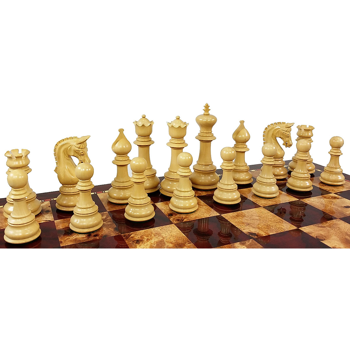 4 Queens - Large 4 3/8" King Staunton Luxury Bud Rosewood Chess Men Set W/ 20" Cherry Color Storage Board