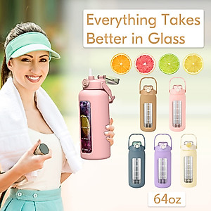 Zukro 64 oz Glass Water Bottle, Motivational Reusable Large Half Gallon Reusable Water Jug With Handle and Straw, Silicone Sleeve for Sport, Gym and Workout, Time Marker Reminder Quotes to Drink