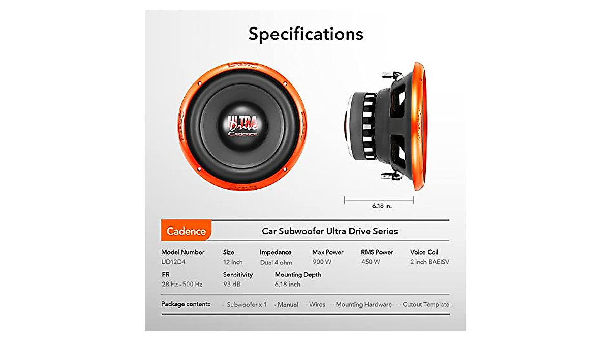 Cadence 12 Inch Car Subwoofer - High Power 900W for Deep Bass