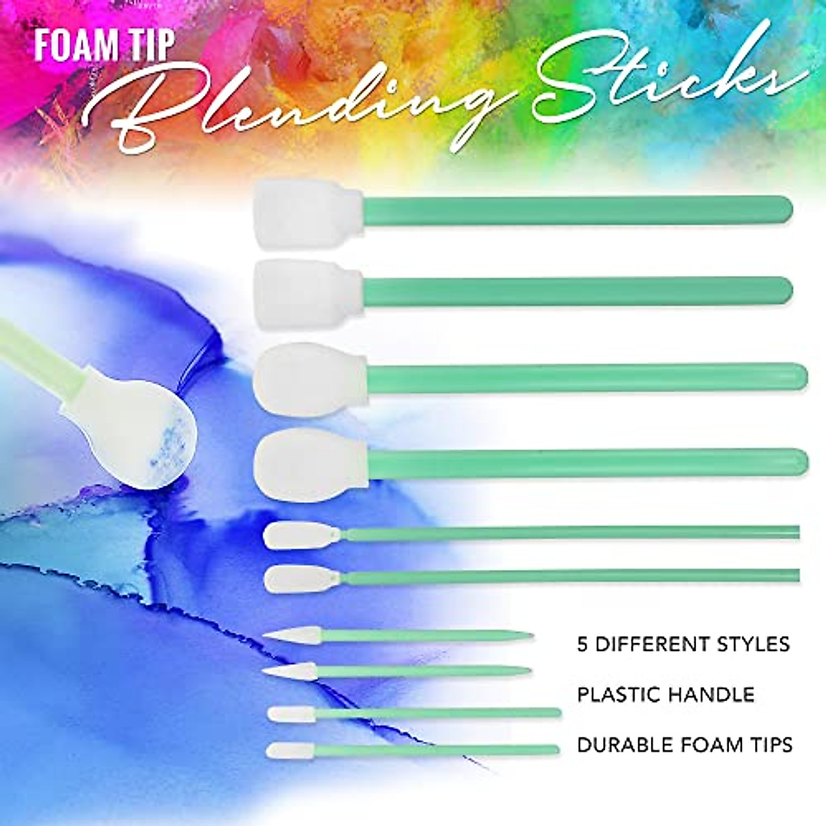 10 Pixiss Detail Alcohol Ink Blending Tools (5 Different Sizes), Foam Tips for Blending Inks, Chalks, Markers, Pencil, Charcoal on Yupo Paper and Other Mediums