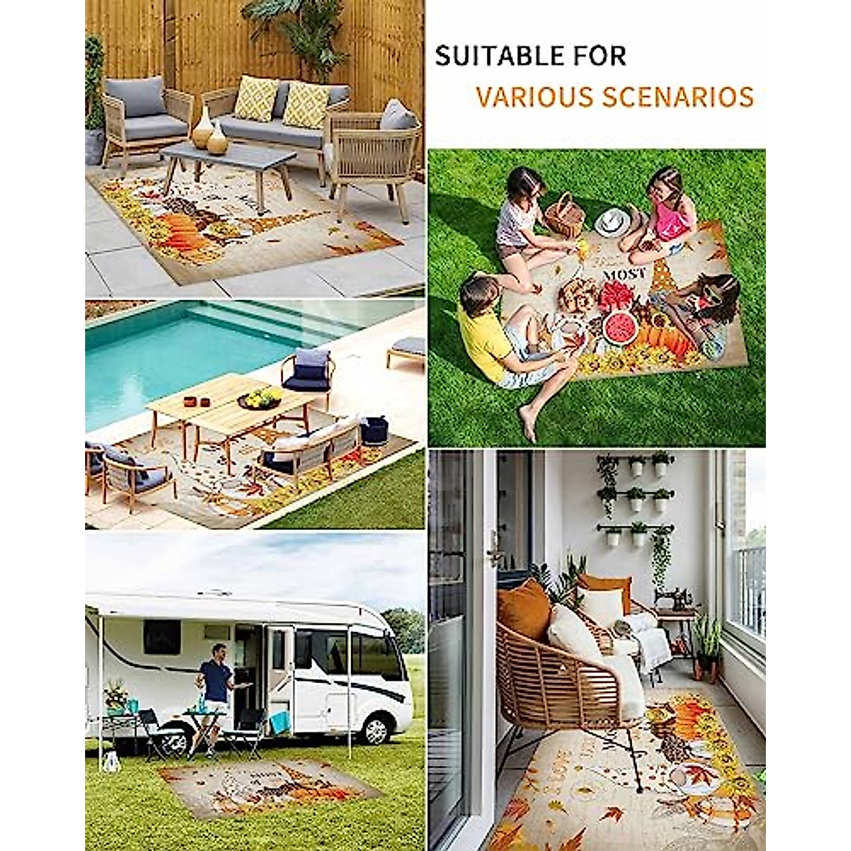 Outdoor Area Rug for Patio,Thanksgiving Fall Gnome Pumpkin Sunflowers Camping Rugs Indoor Large Floor Mat 4x6ft,Autumn Maple Retro Letters Outside Carpet for Deck RV Picnic Porch Backyard Bedroom