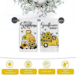 Seliem Summer Hello Sunshine Gnome Kitchen Dish Towel Set of 2, Sunflower Market Floral Flower Truck Hand Towel Bee Drying Baking Cooking Cloth, Spring Seasonal Farmhouse Home Kitchen Decor 18x26 Inch