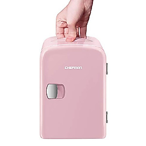 Chefman Mini Portable Pink Personal Fridge Cools Or Heats & Provides Compact Storage For Skincare, Snacks, Or 6 12oz Cans W/ A Lightweight 4-liter Capacity To Take On The Go