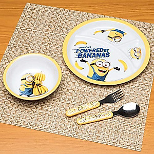 Zak Designs Minions Dinnerware Set Includes Melamine 3-Section Divided Plate, Bowl and Utensil Made of Durable Material and Perfect for Kids, 4 Piece Set, Minnions