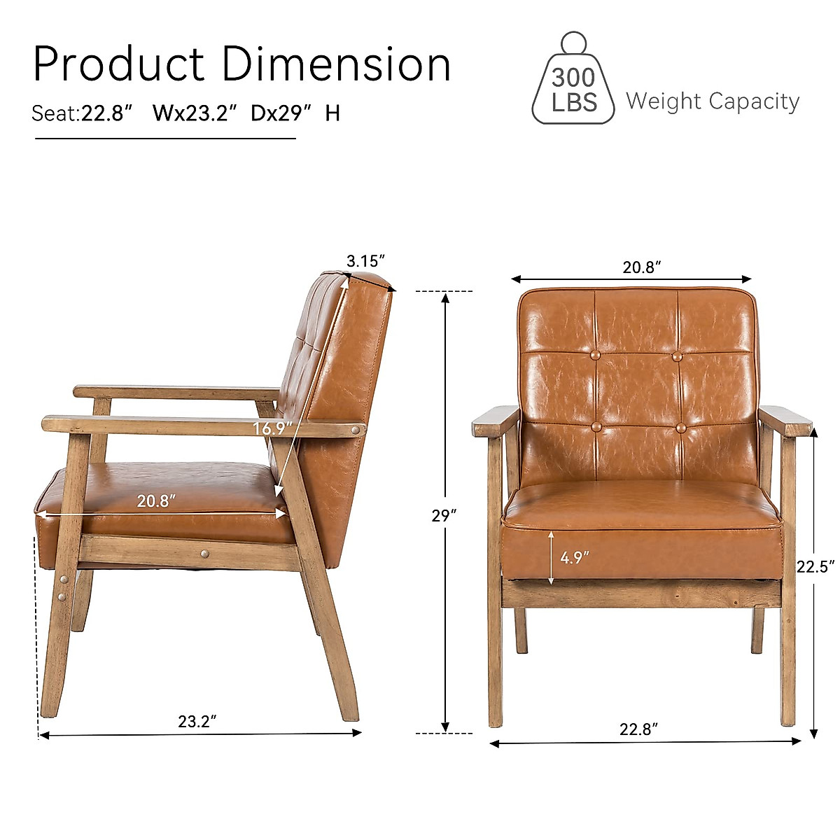 Okeysen Accent Chairs Set of 2, Mid Century Modern Accent Chair, Retro Wood and Leather Armchairs Side Chair, Lounge Reading Comfy Arm Chair for Living Room, Bedroom, Office(Brown)