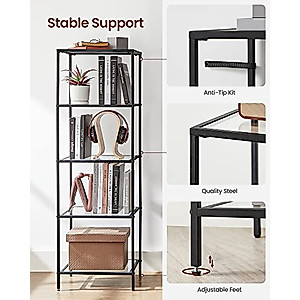 VASAGLE Bookcase, 5-Tier Bookshelf, Slim Shelving Unit for Bedroom, Bathroom, Home Office, Tempered Glass, Steel Frame, Black ULGT029B61