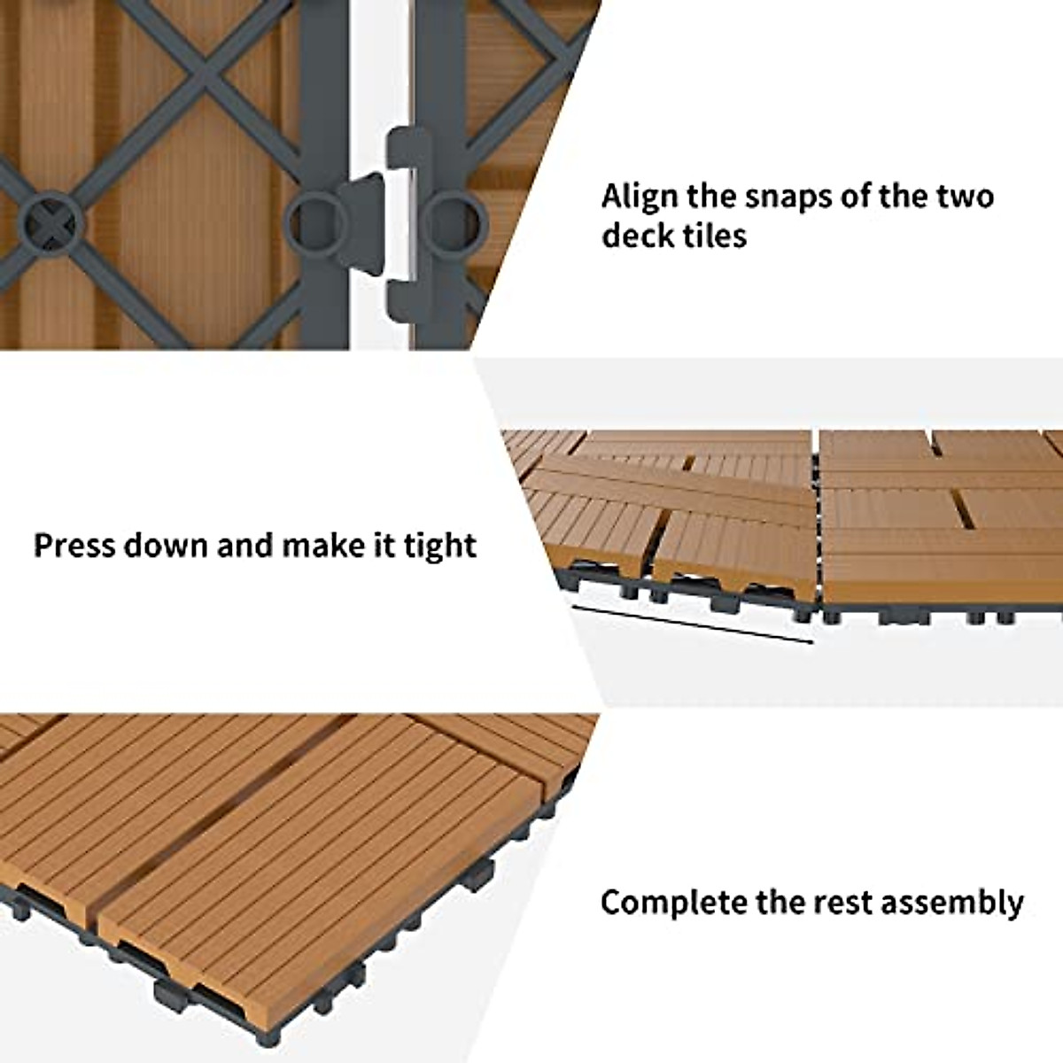 TONAHUTU 6PCS Interbuild Hardwood Interlocking Patio Deck Tiles, 12"x12" Wood Plastic Composite Tiles Outdoor Flooring for Patio Garden Deck Poolside Click Floor Decking Tile - Teak