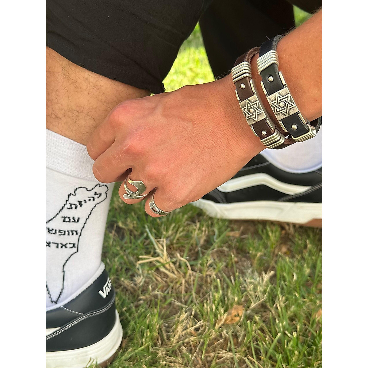 Jewish Star of David Black Men's Leather Bracelet Bar Mitzvah Gift