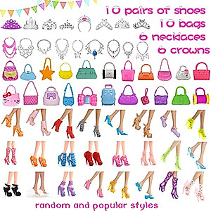 48 Pcs Doll Clothes Outfit for Doll, 11.5 Inch Doll Accessories Collection with 6 Princess Dresses+20 Shoes+10 Bags+6 Necklaces+6 Crowns (Random Style) for Doll Loving Girls Birthday Gifts